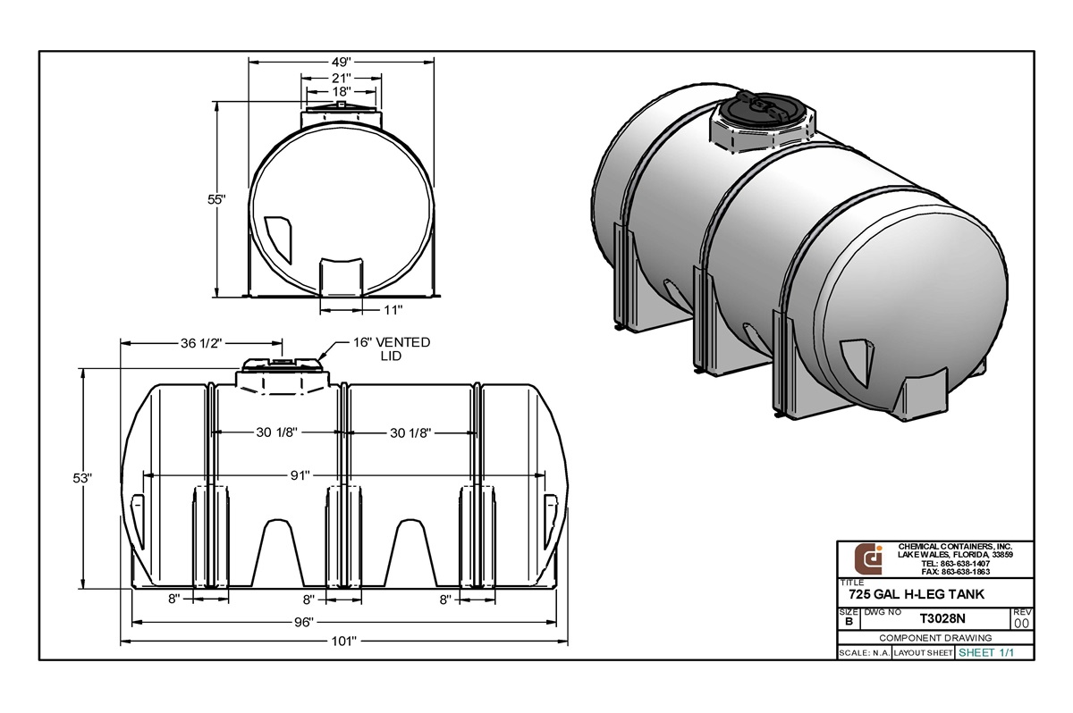 CCI - 725 Gallon Horizontal Leg Tank - 101" L x 49" D x 54" H
