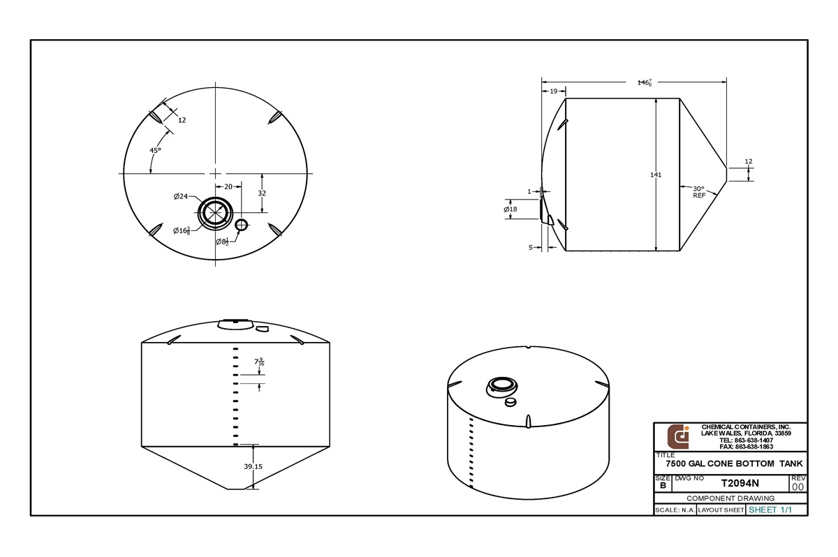 CCI - 7500 Gallon Plastic Cone Bottom Tank - 141" D x 149" H