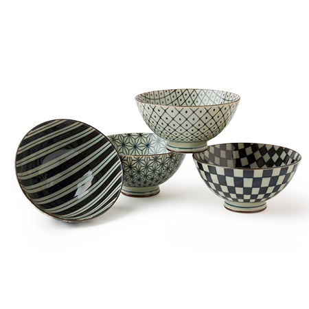 Retro Black & White 4.5" Rice Bowl Set