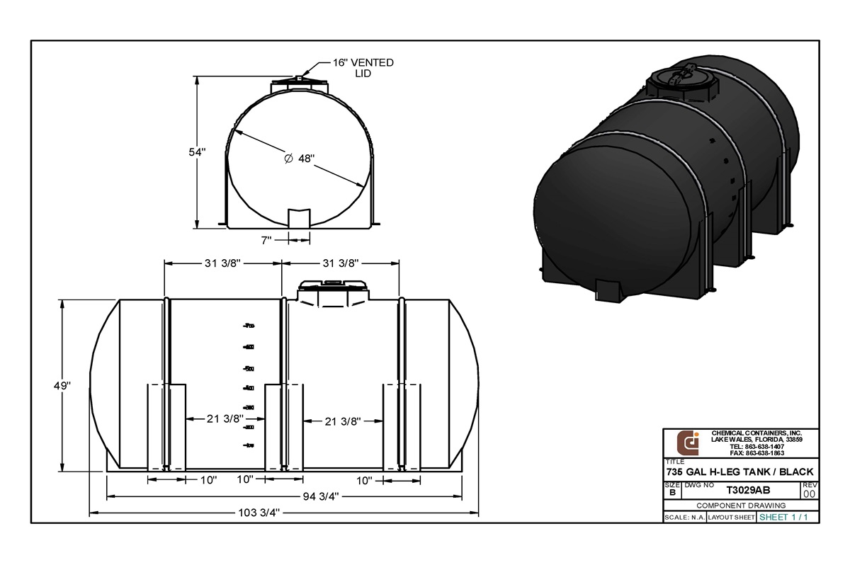 CCI - 735 Gallon Horizontal Leg Tank - 48" D x 103" L