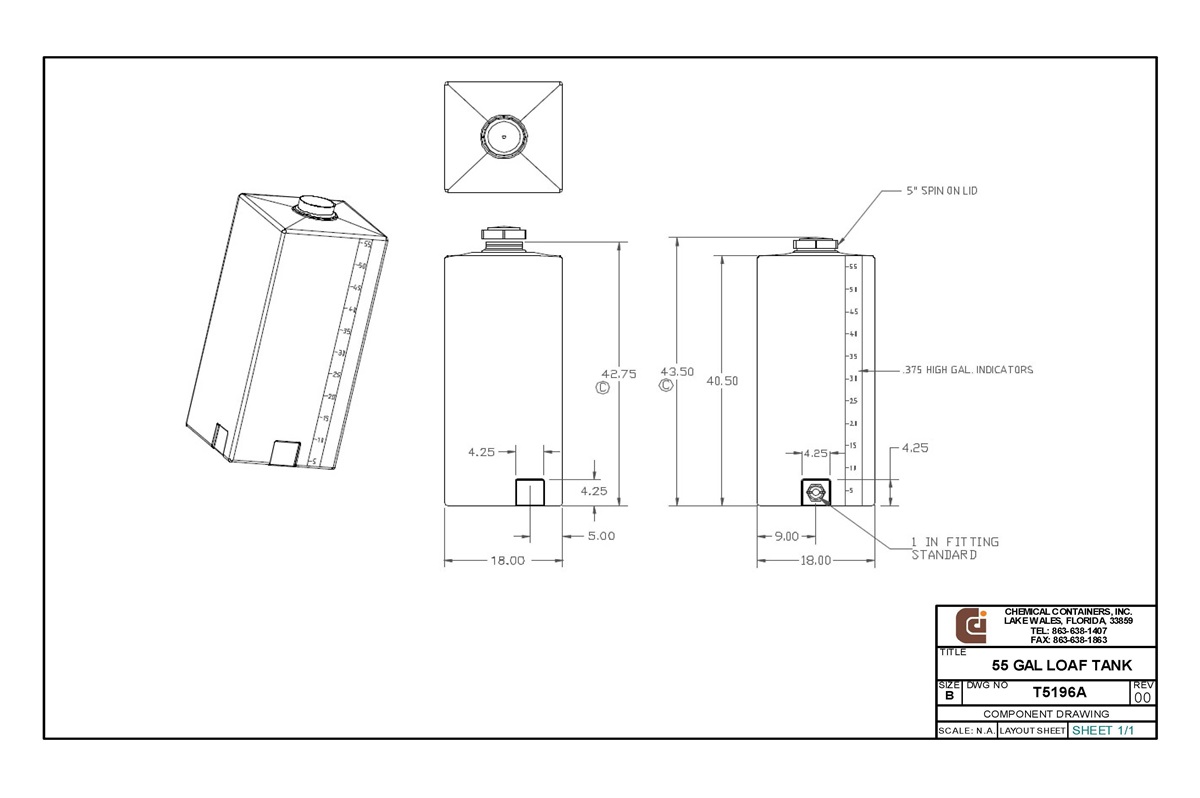 CCI - 55 Gallon Loaf Rectangular Tank - 44" H x 18" W x 18" L