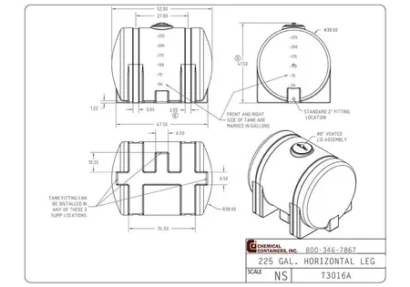 225 Gallon Horizontal Leg Tank - 52" L x 38" D x 41" H