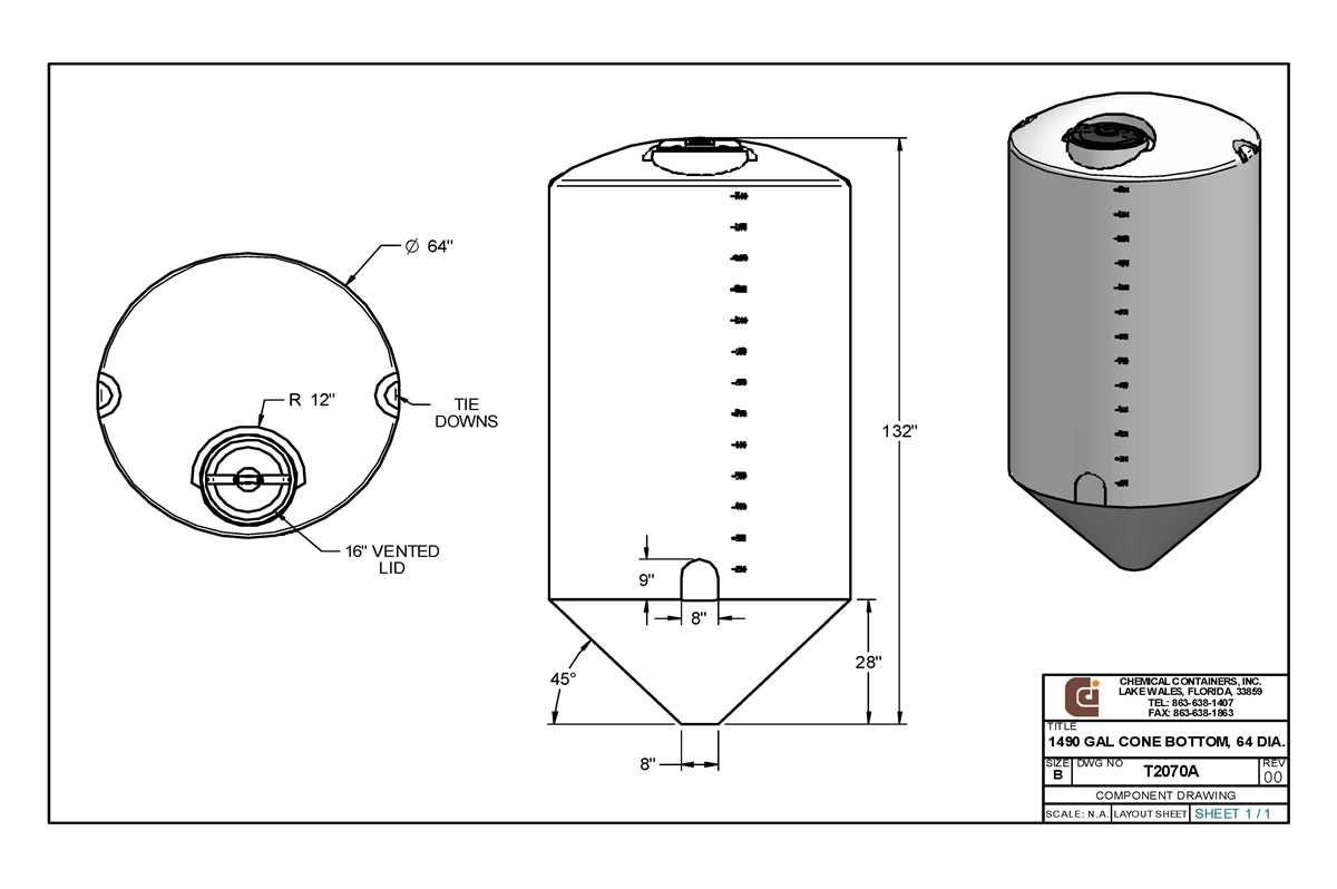 CCI - 1490 Gallon Plastic Cone Bottom Tank - 64" D x 132" H