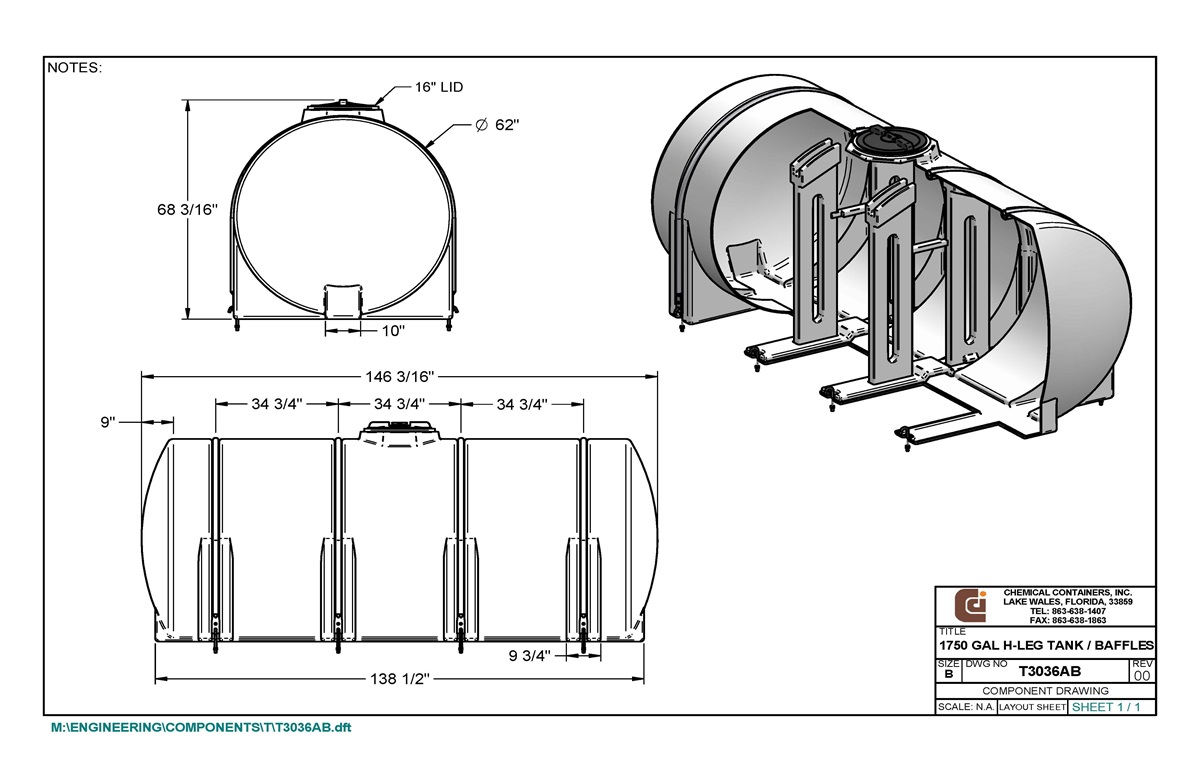 CCI - 1750 Gallon Horizontal Leg Tank - 62" D x 147" L