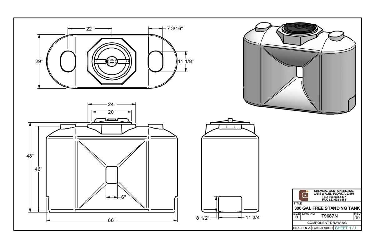 CCI - 300 Gallon Free Standing Tank - 62" L x 29" W x 48" H