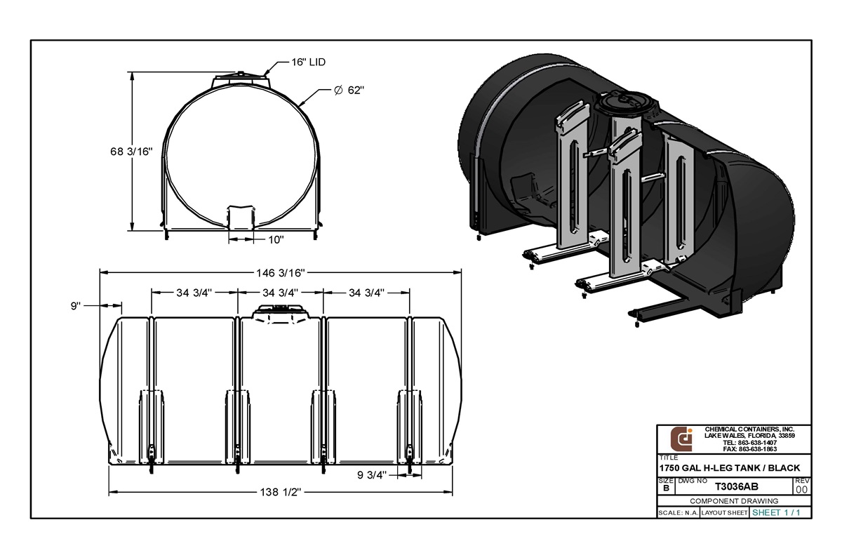 CCI - 1750 Gallon Horizontal Leg Tank - 62" D x 147" L