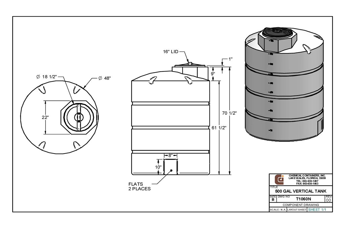 CCI - 500 Gallon Vertical Polyethylene Tank - 48" D X 73" H