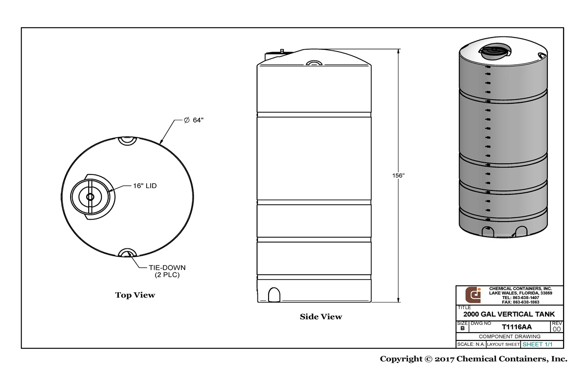 CCI - 2000 Gallon Polyethylene Vertical Storage Tank - 64" D x 156" H