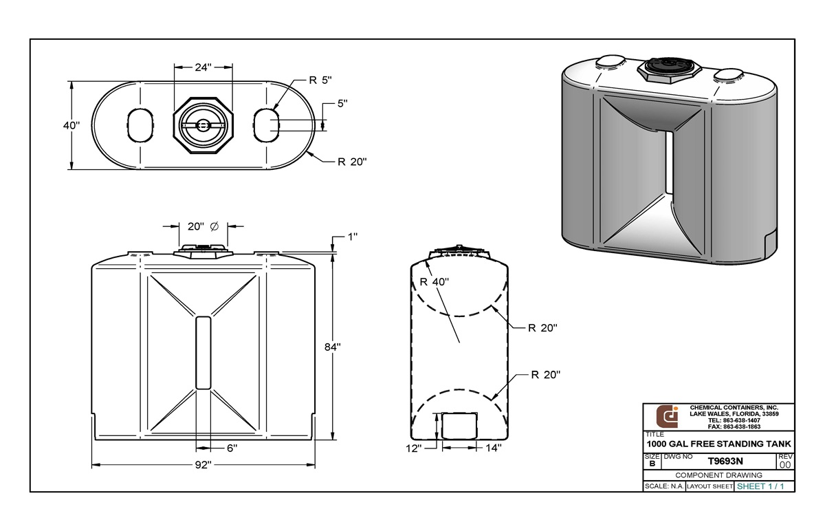 CCI - 1000 Gallon Free Standing Tank - 92" L x 40" W x 89" H