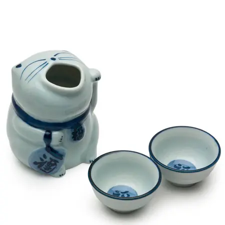 Blue & White Cat Sake Set at Miya