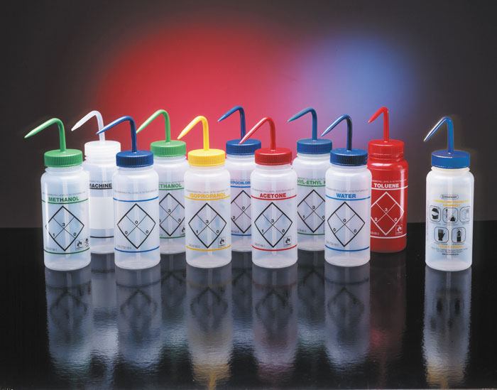 Safety Labeled Wash Bottles, Wide Mouth