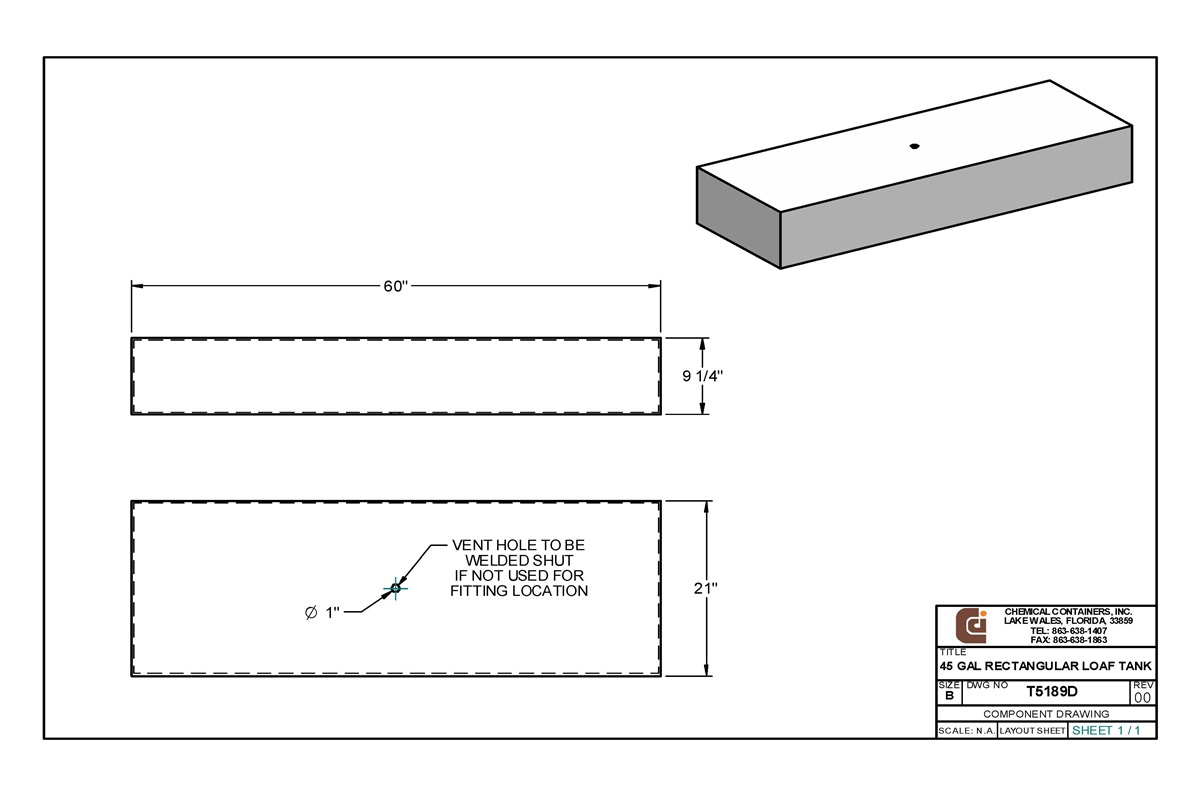 CCI - 45 Gallon Loaf Rectangular Tank - 9" H x 21" W x 60" L