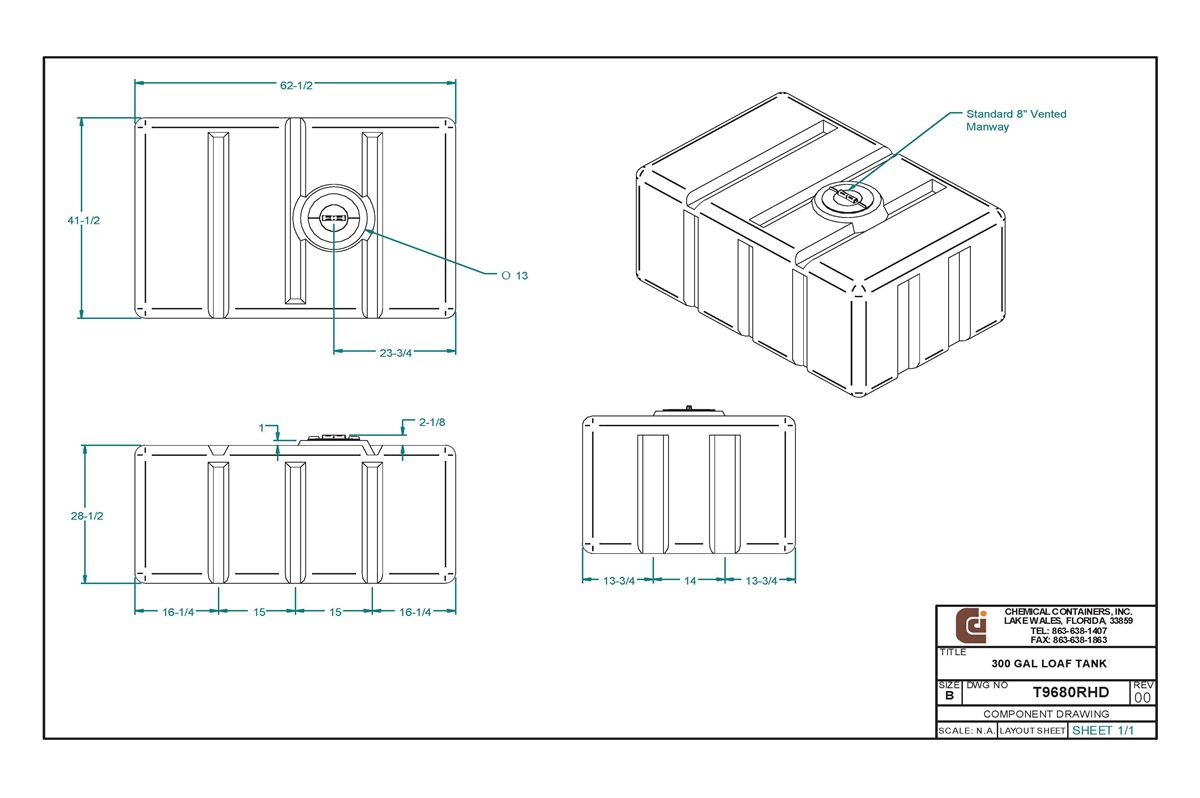 CCI - 300 Gallon Loaf Rectangular Tank - 29" H x 42" W x 62" L