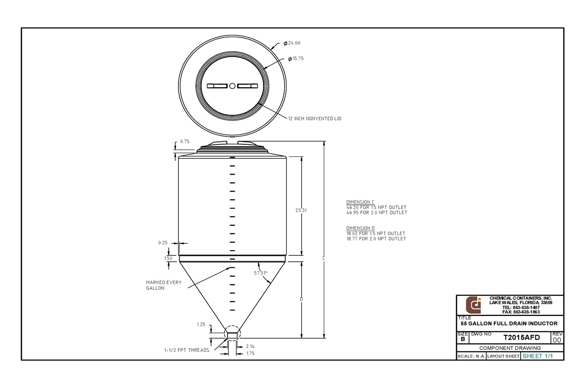 CCI - 55 Gallon Full Drain Inductor Tank - 24" D x 46" H